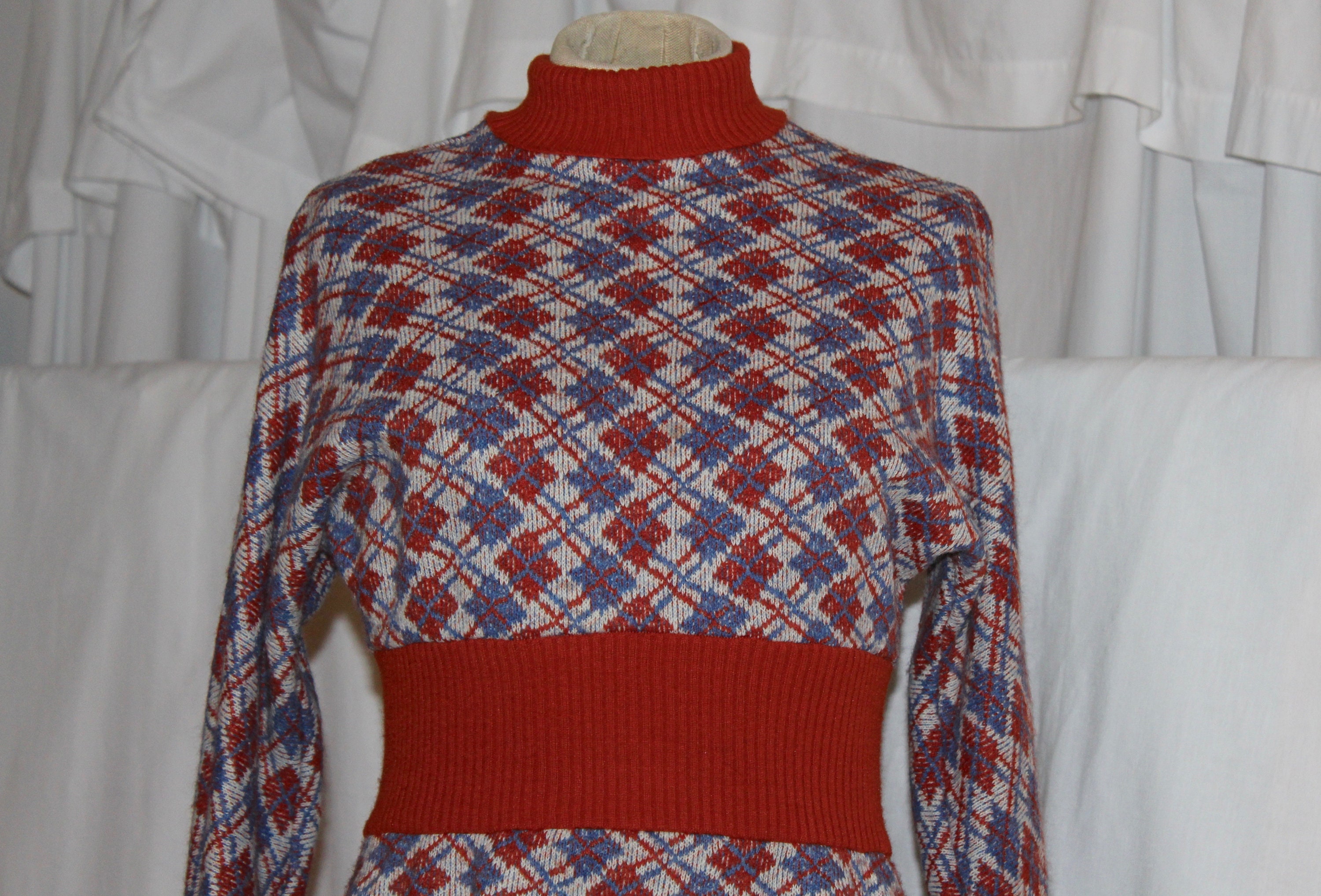 Vintage 60s Knit Dress Rust & Blue Argyle Mod Fall Winter - Etsy