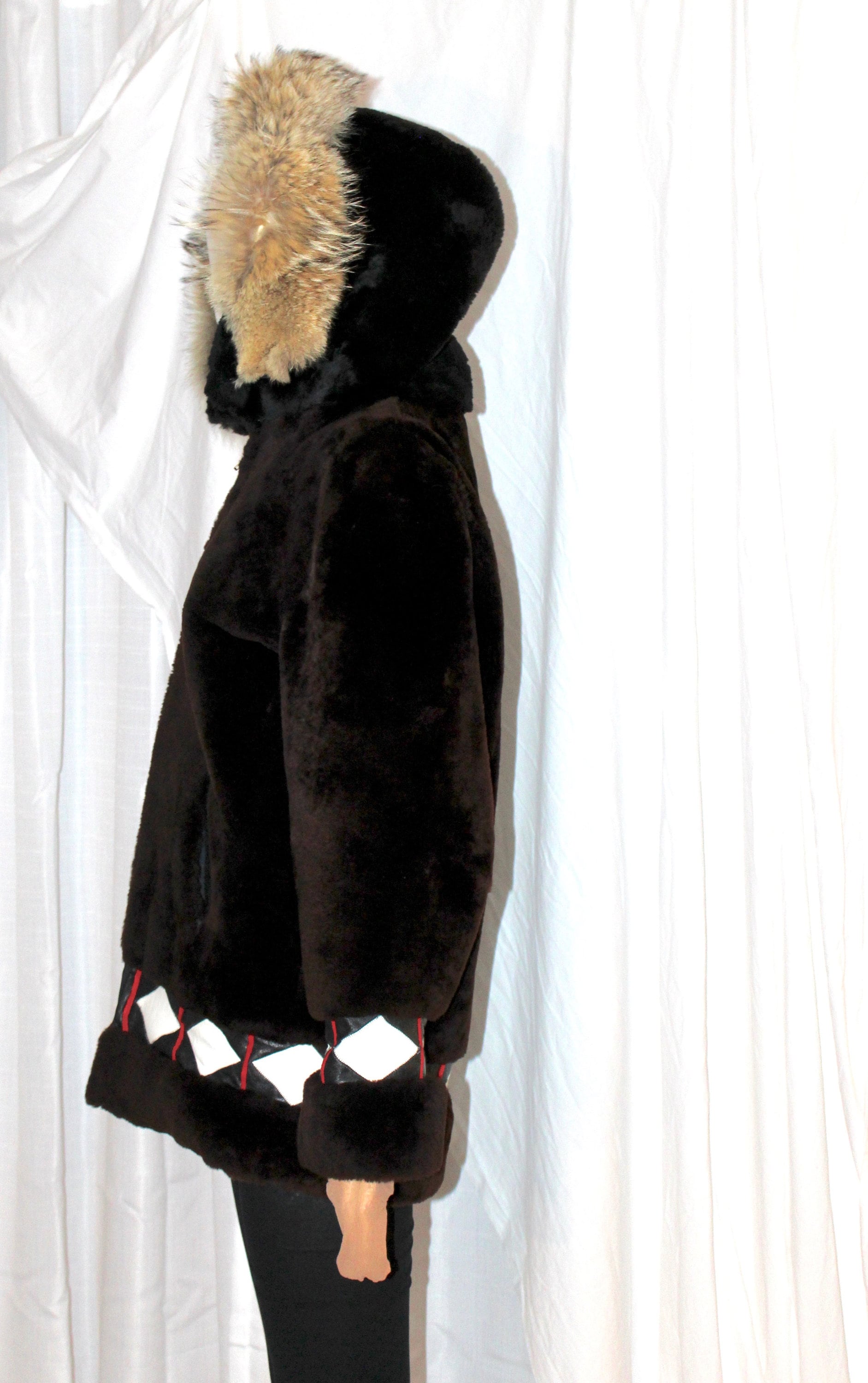 Vintage Fur Parka Eskimo Inuit Style Zip Front Hooded Deep Brown With B ...