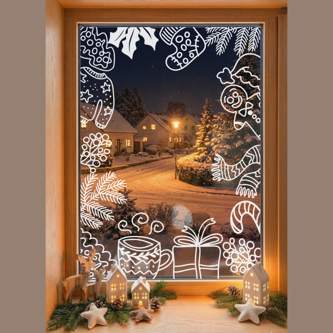 Christmas Cookie Window Art Frame, Hand Drawn Chalk Decorations ...