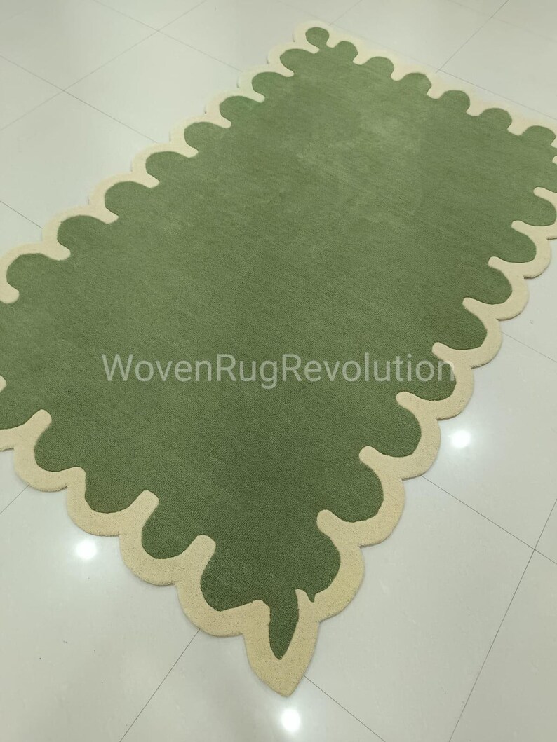 Alfombra con borde festoneado y mechones hechos a mano, moderna, verde ...