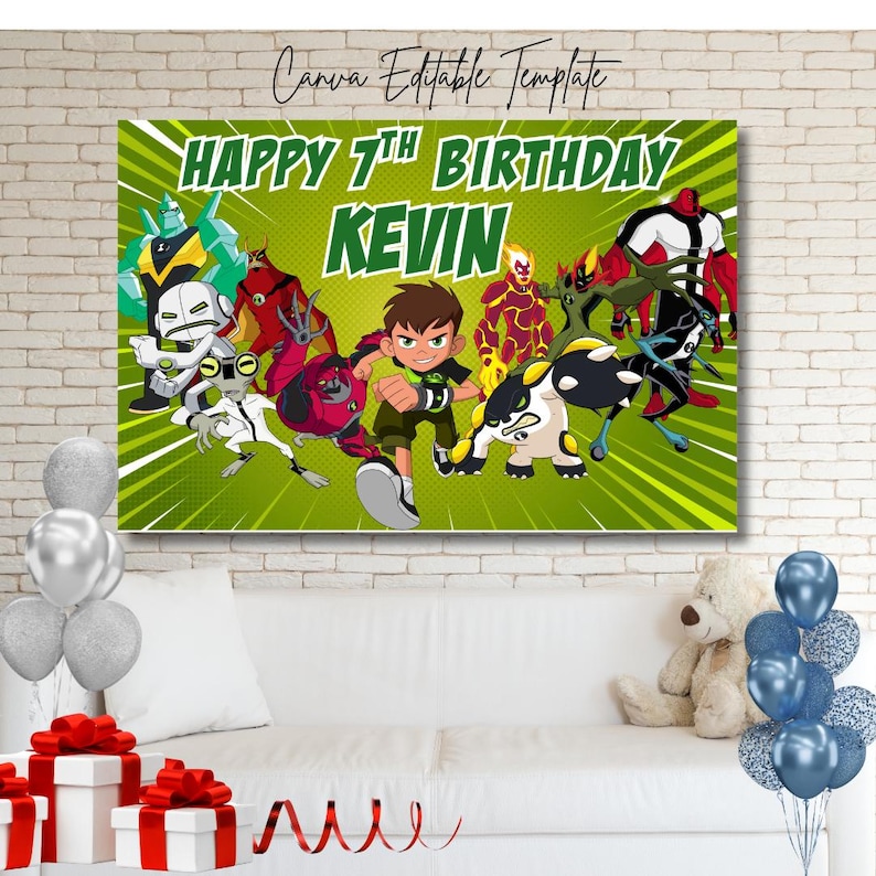 Ben 10 Birthday Banner | Printable Cartoon Party Decor (digital File ...