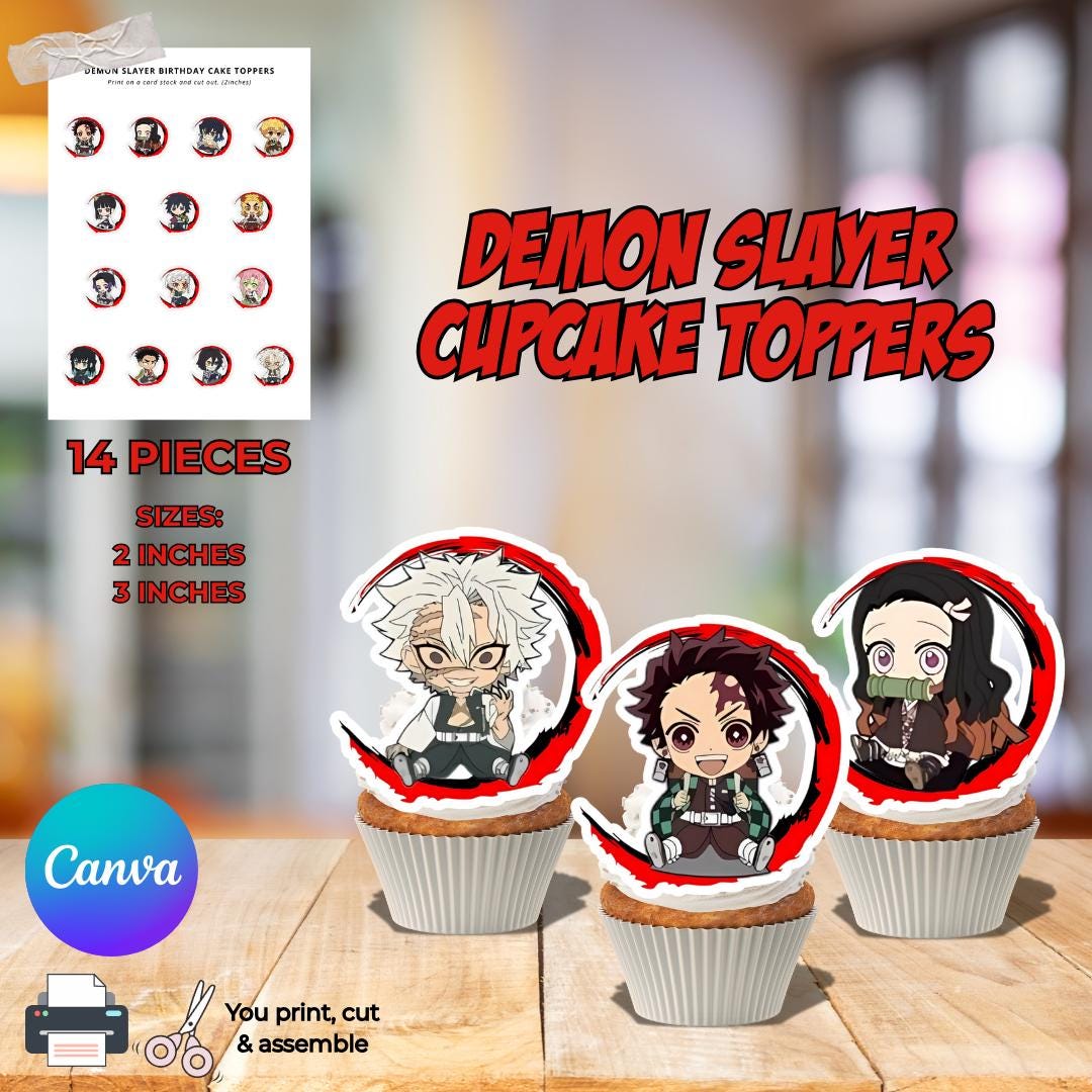 Demon Slayer Cupcake Toppers, 14 Pieces, 2 or 3 Inch Sizes (digital ...