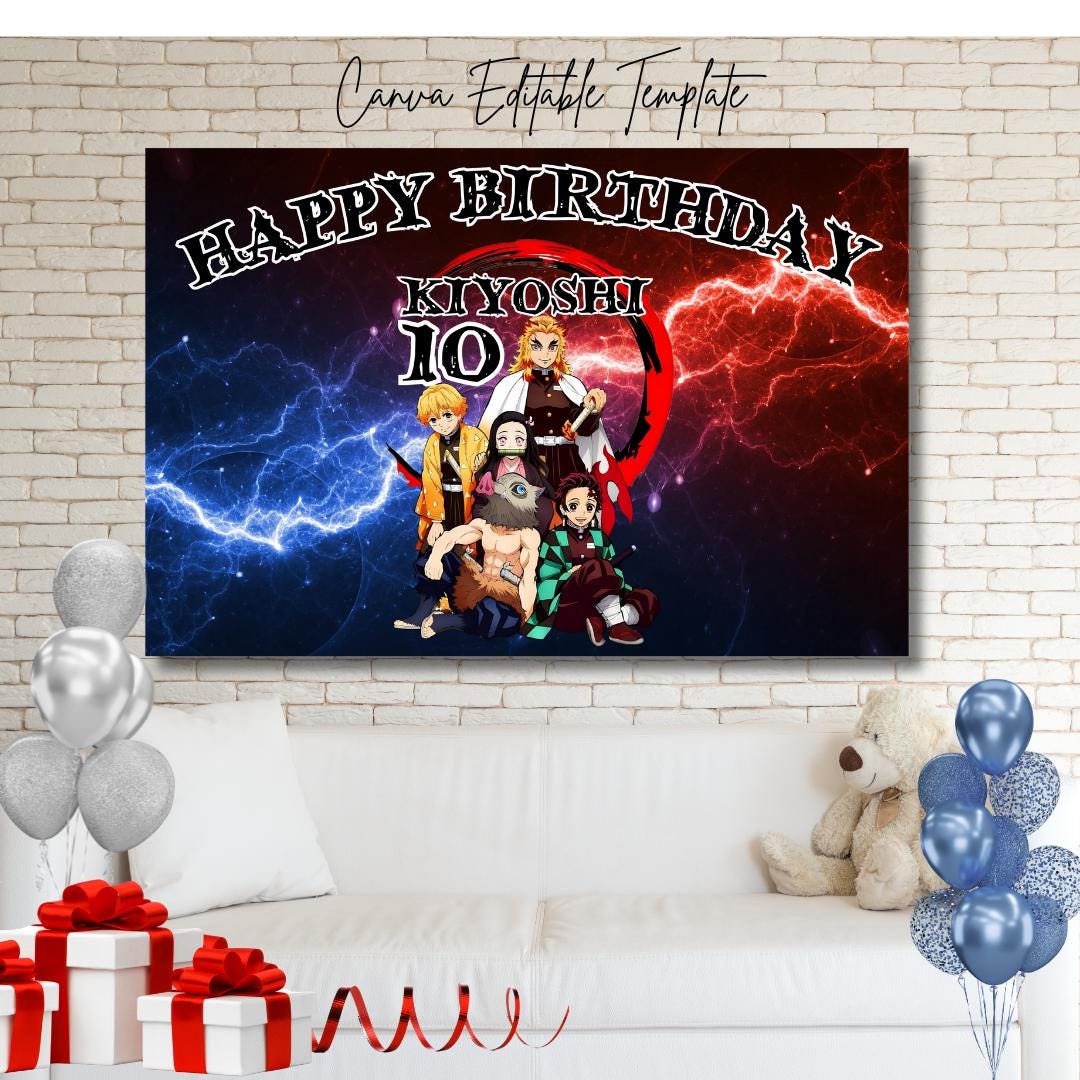 Demon Slayer Birthday Backdrop, Anime Party Decoration, Canva Editable ...