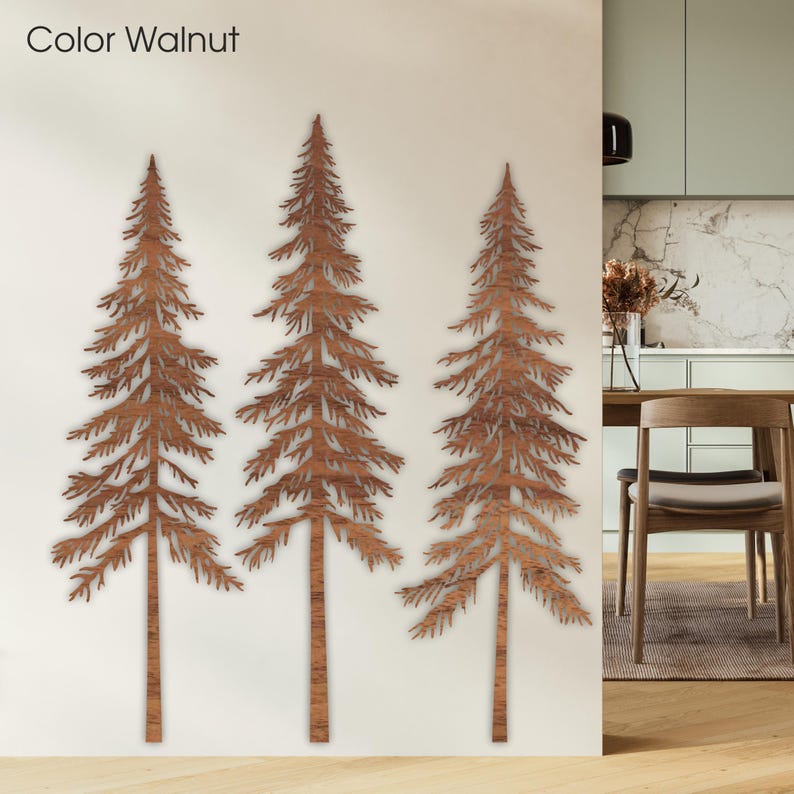 Pine Tree Wall Art Set – Wooden Forest Decor for Living Room, Nature ...