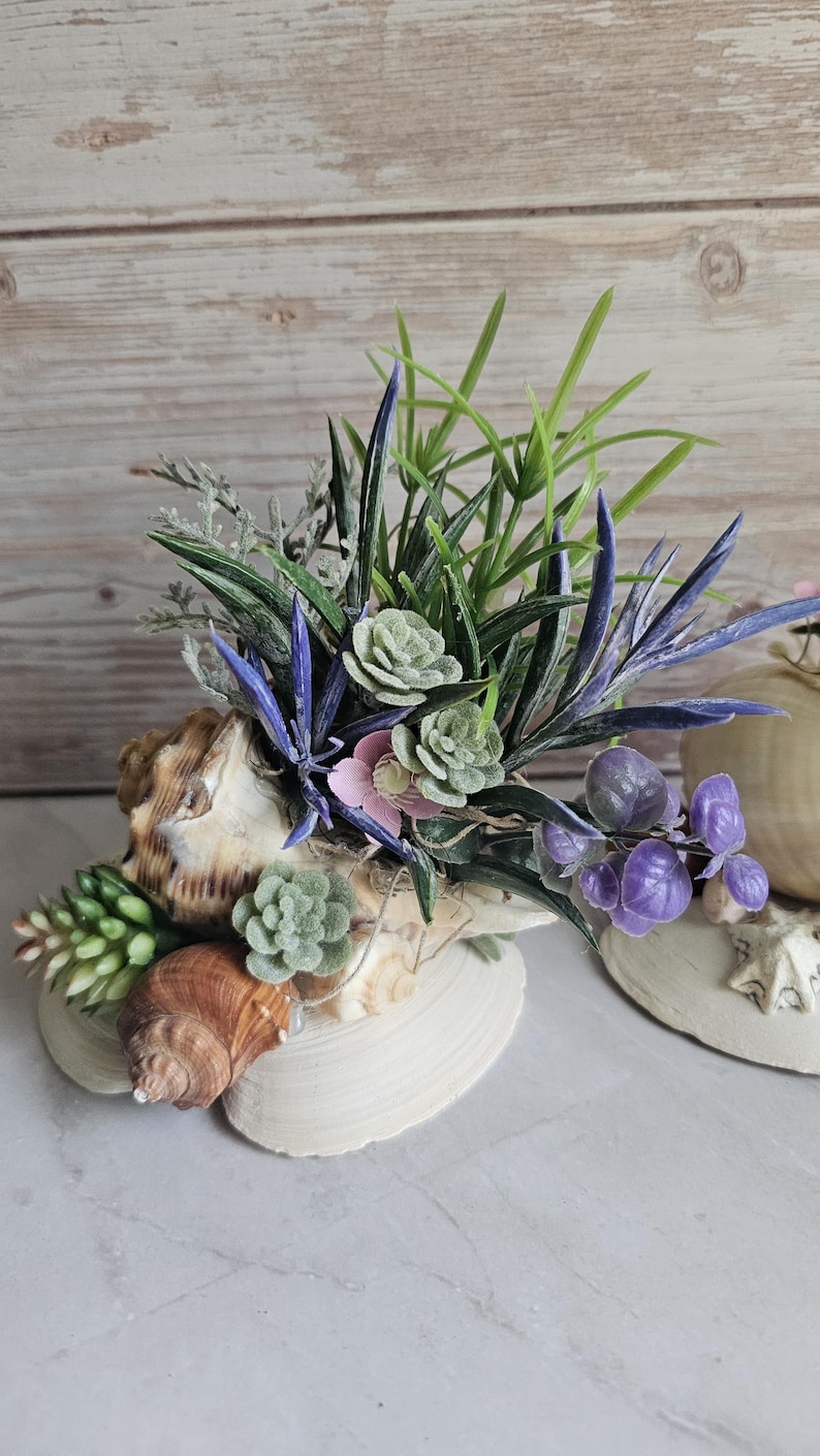Seashell Silk Flower Arrangement | Coastal Home Decor Centerpiece | Two ...