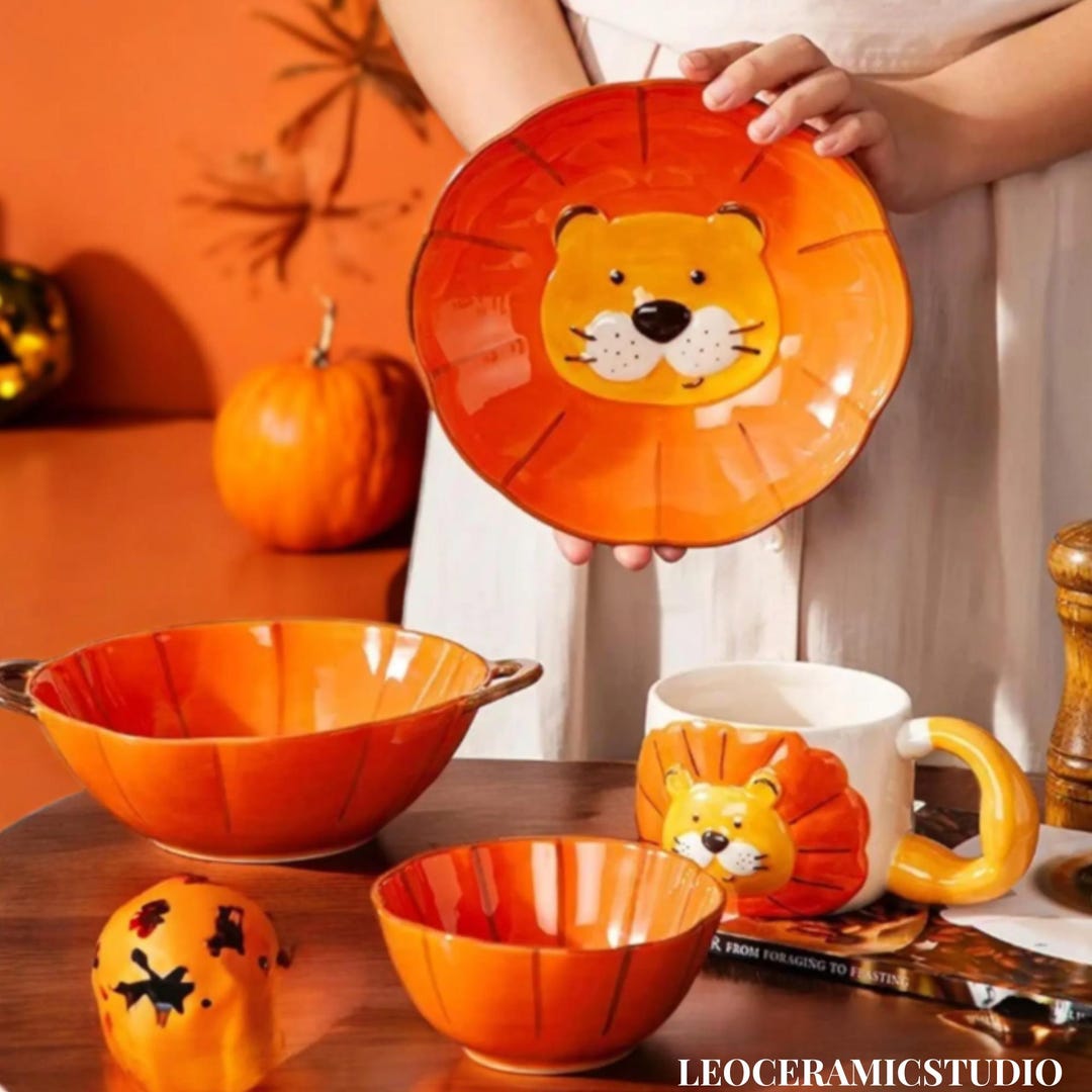 Lion-themed Ceramic Dinnerware Set – Elegant Kids Plate, Bowl & Mug ...