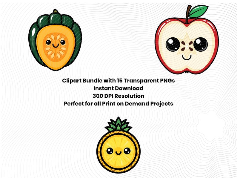 Kawaii Fruit Veggie Clipart Bundle, Commercial Use (PNG) - Etsy