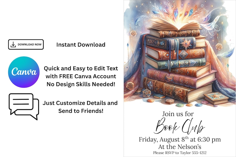 Fantasy Book Club Invitation Template Editable Canva Instant Download ...