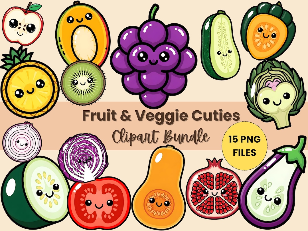 Kawaii Fruit Veggie Clipart Bundle, Commercial Use (PNG) - Etsy