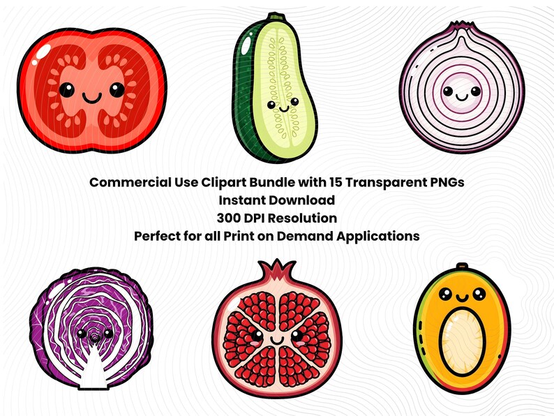 Kawaii Fruit Veggie Clipart Bundle, Commercial Use (PNG) - Etsy