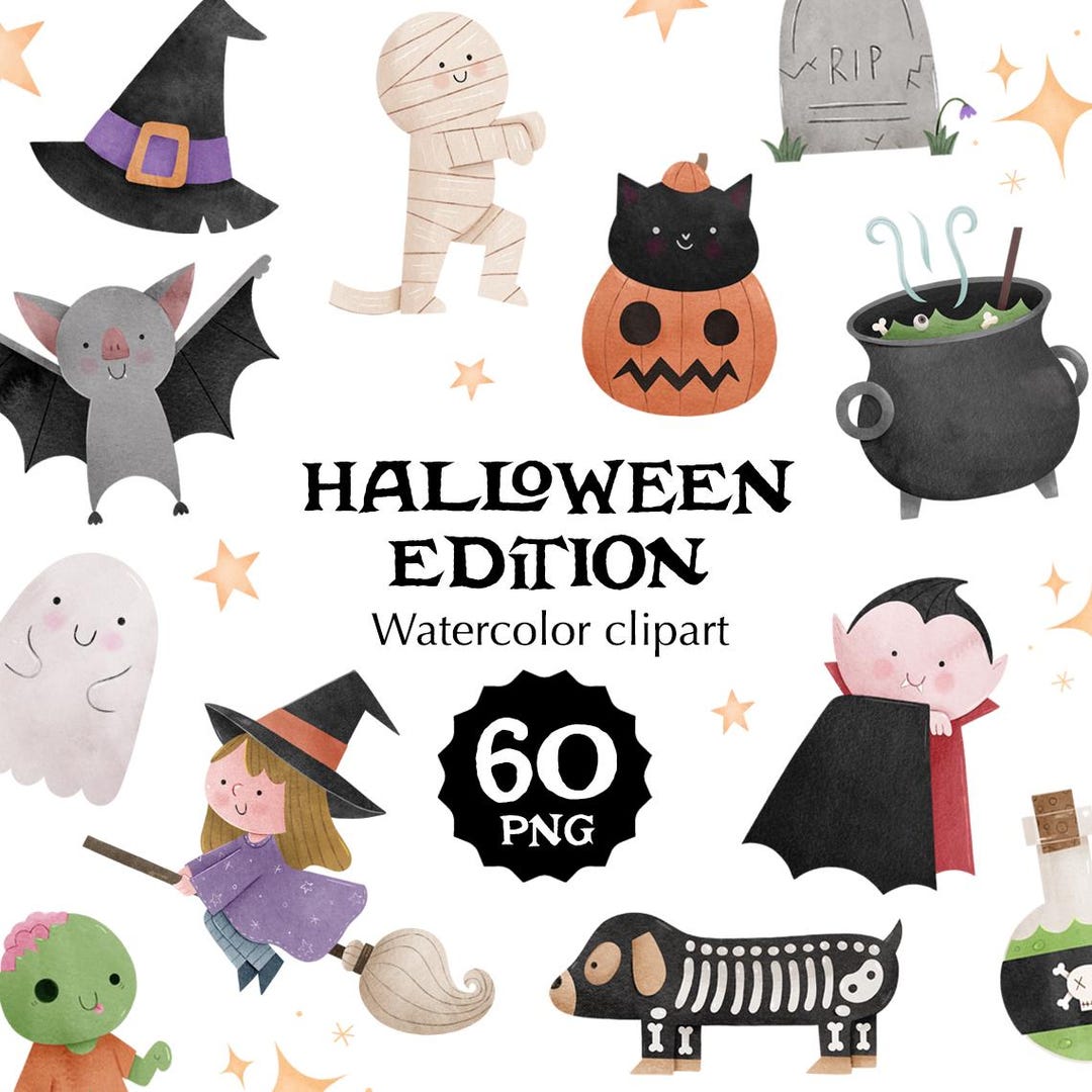 Halloween Clipart Bundle | 60 Cute Spooky Pngs | Witch, Ghost, Pumpkin ...