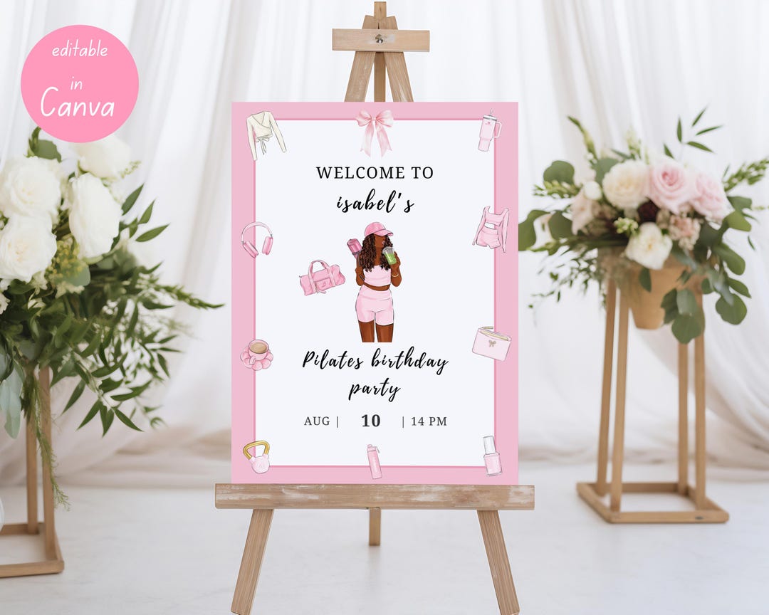 Pilates Birthday Welcome Sign, Coquette Brunch Party Poster, Editable ...