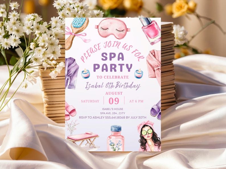 Kids Spa Birthday Party Invitations | Printable Editable Invites for ...