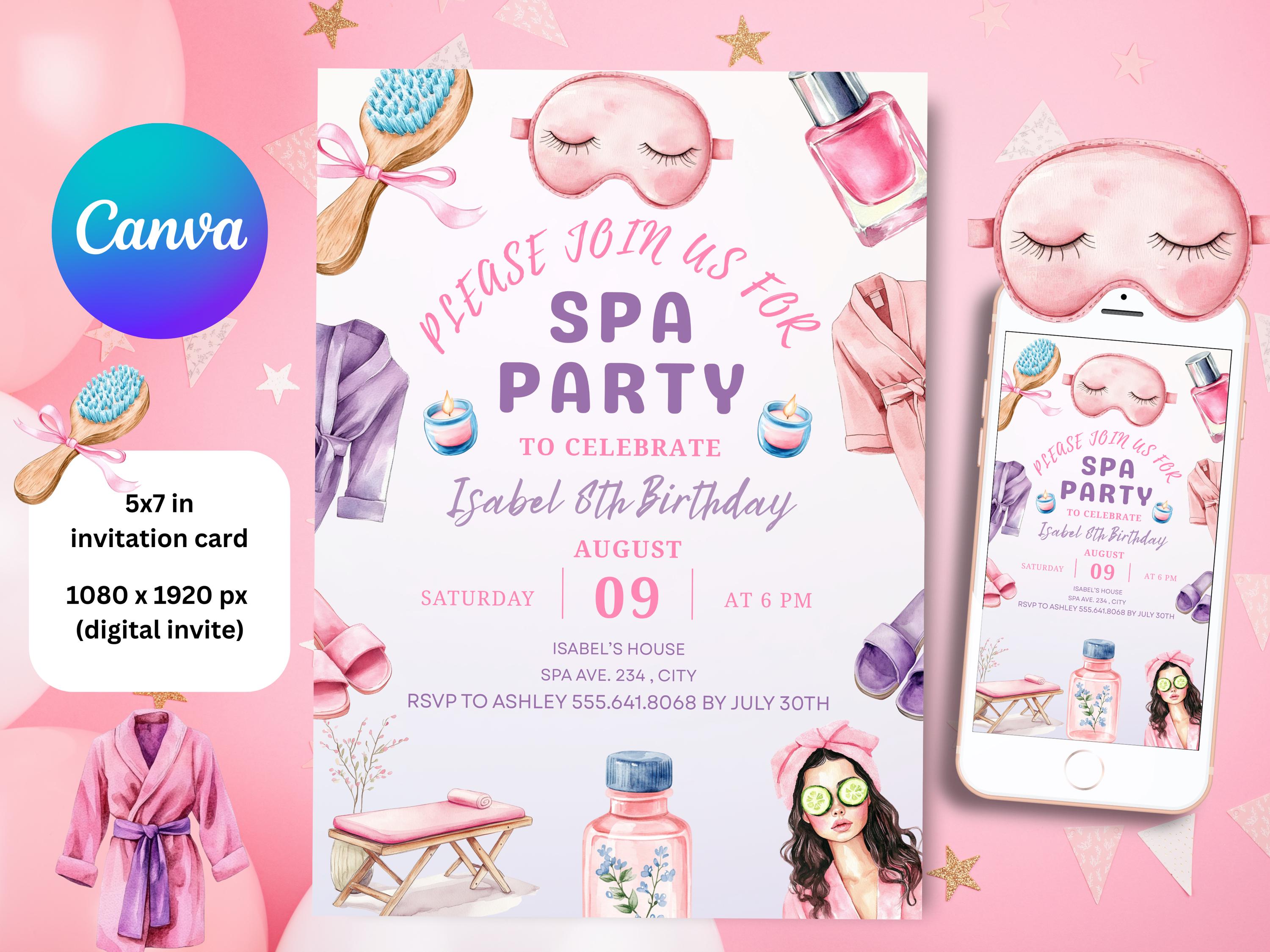 Kids Spa Birthday Party Invitations | Printable Editable Invites for ...