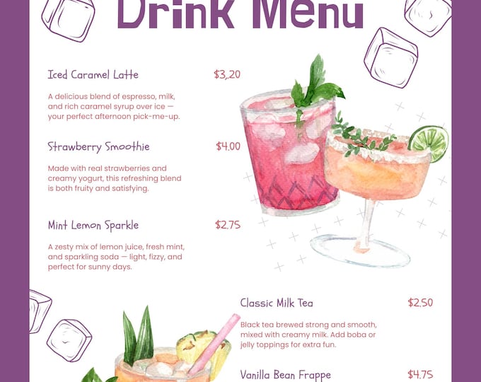 Editable Bar Menu Template | Cocktail and Drink Menu Design | Pub ...