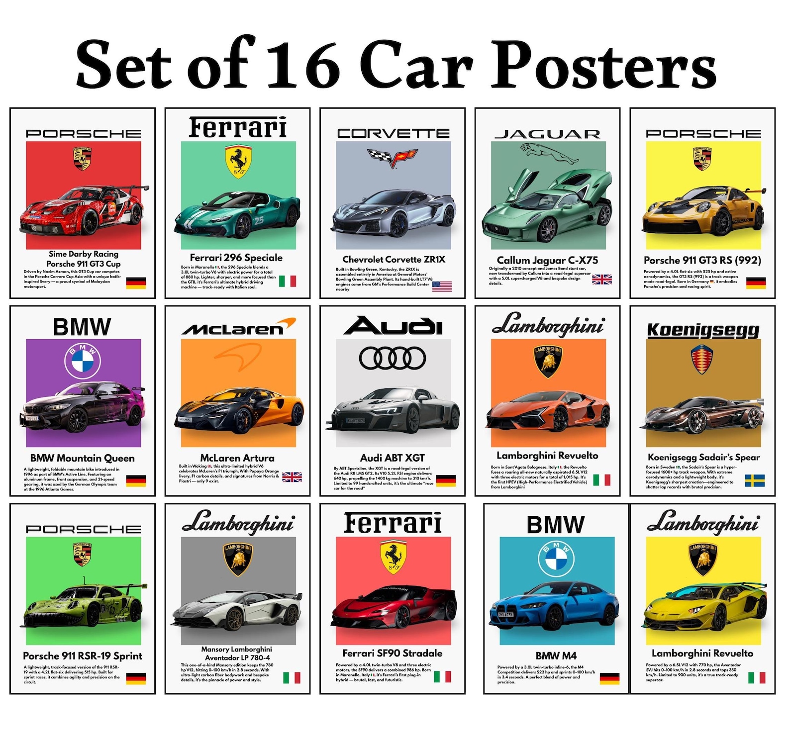 Supercar Poster Set – Exotic Car Wall Art – Sports Car Prints (digital ...