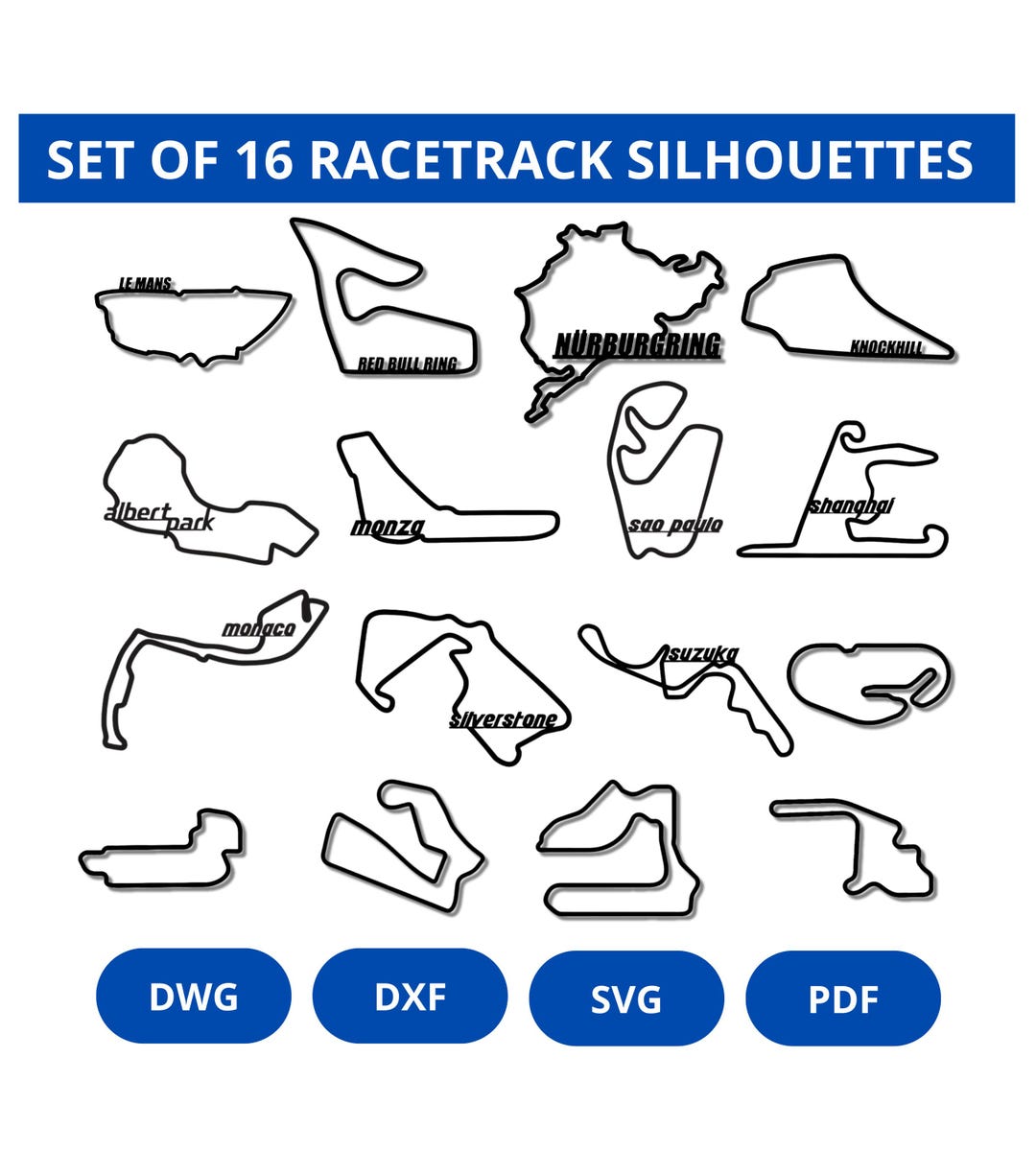 16 Racetrack Silhouettes Dxf Svg Dwg Pdf | Racing Track Bundle ...