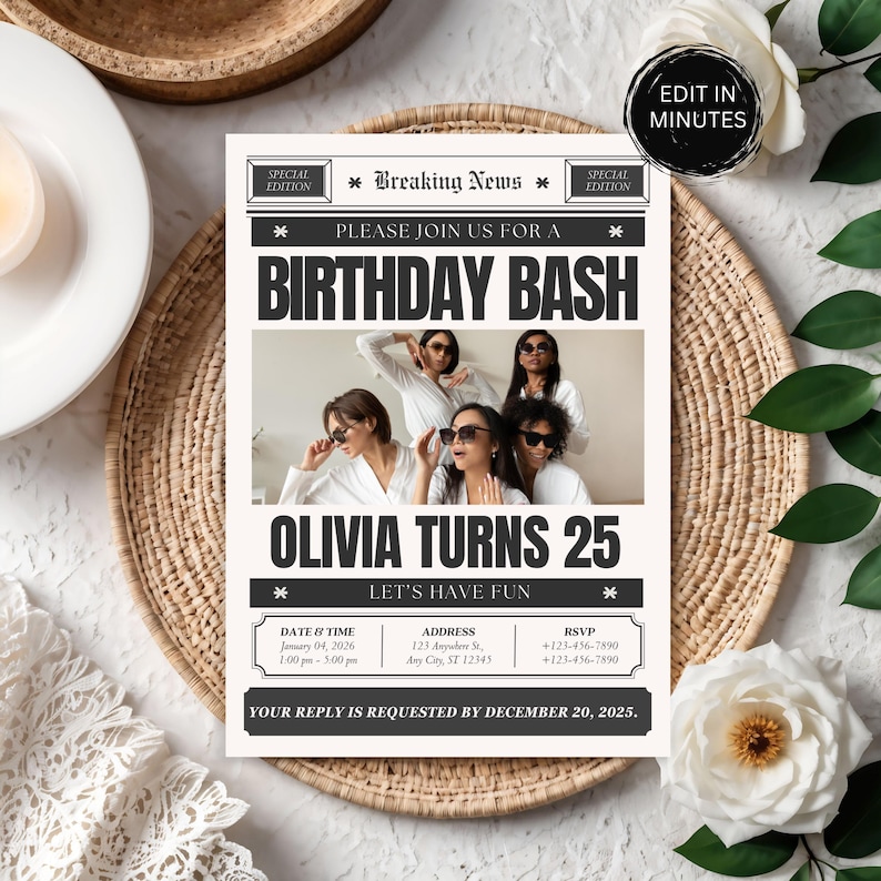 Vintage Newspaper Birthday Invitation: Editable Canva Template ...
