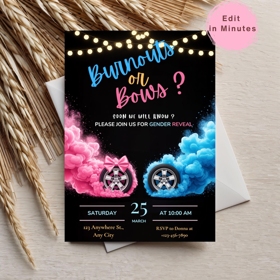 Gender Reveal Invitation Burnouts or Bows Party Invite Editable ...