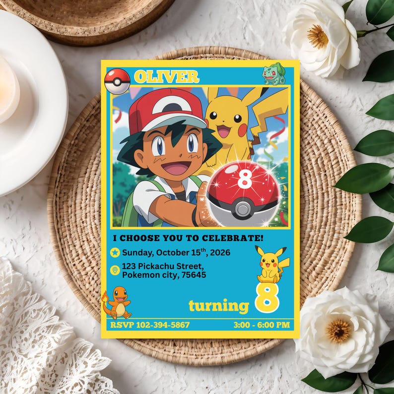 Editable Pokeman Birthday Invitation Ash Pikachu Party Invite Printable ...
