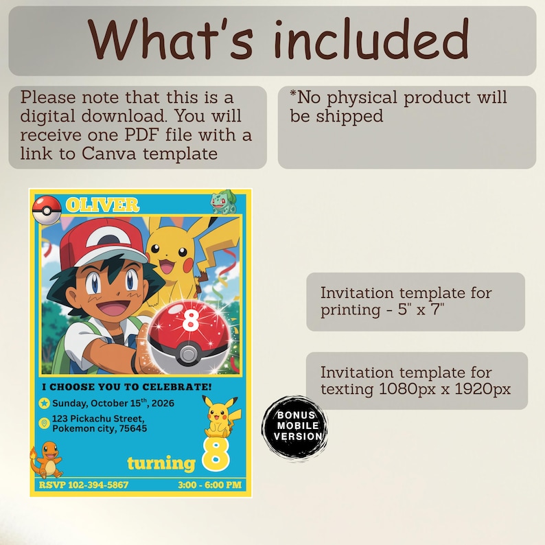 Editable Pokeman Birthday Invitation Ash Pikachu Party Invite Printable ...