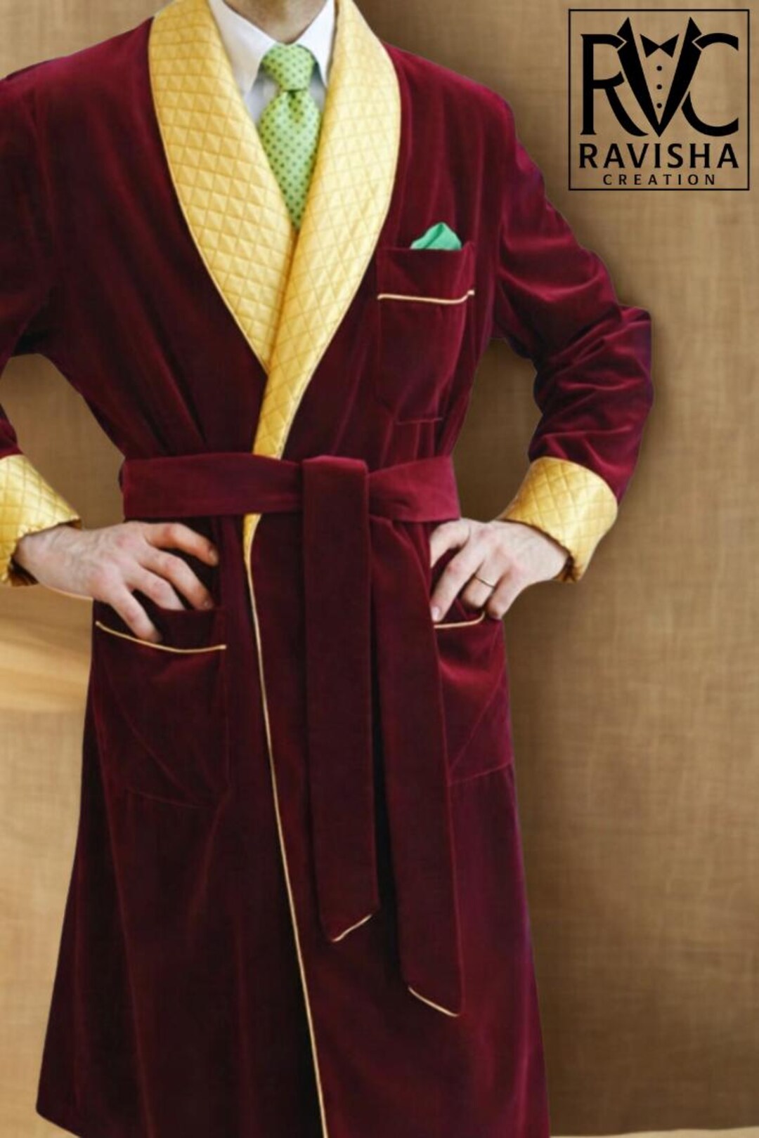 Men's Burgundy Velvet Dressing Gown Smoking Jackets Long Robes Smoking ...
