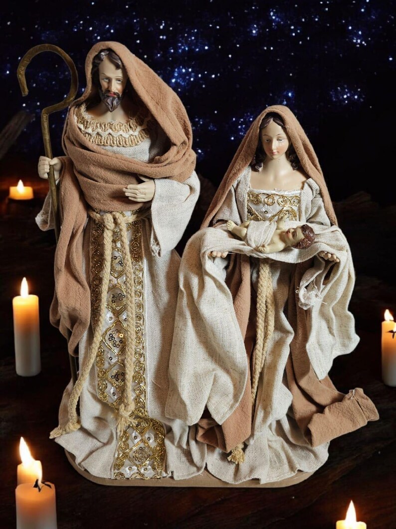 Nativity Set, Holy Family,stiffen Real Fabric Burlap Satin Brocade Trim ...