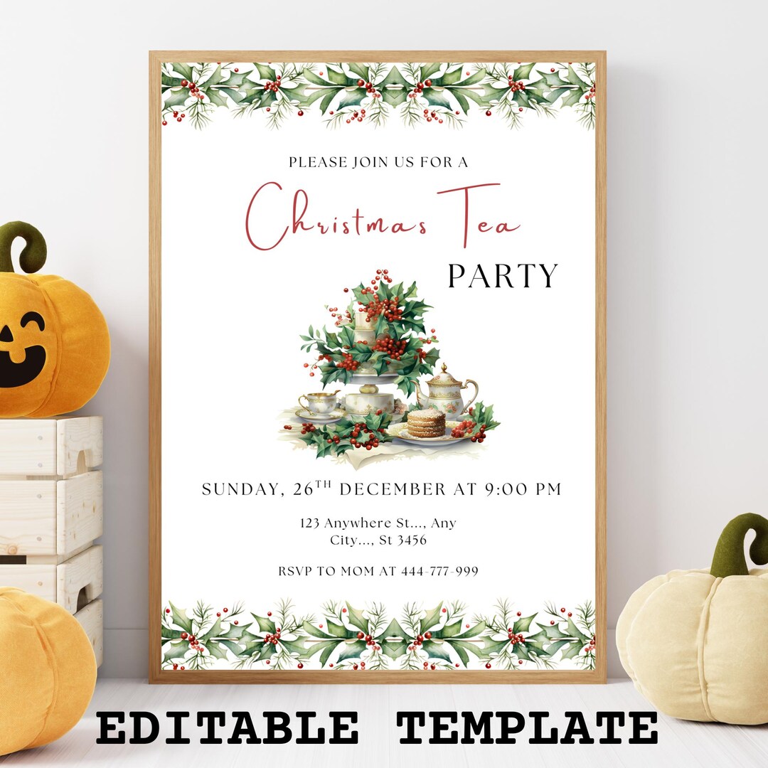 Editable Christmas Tea Party Invitation, Holiday Floral (digital) - Etsy