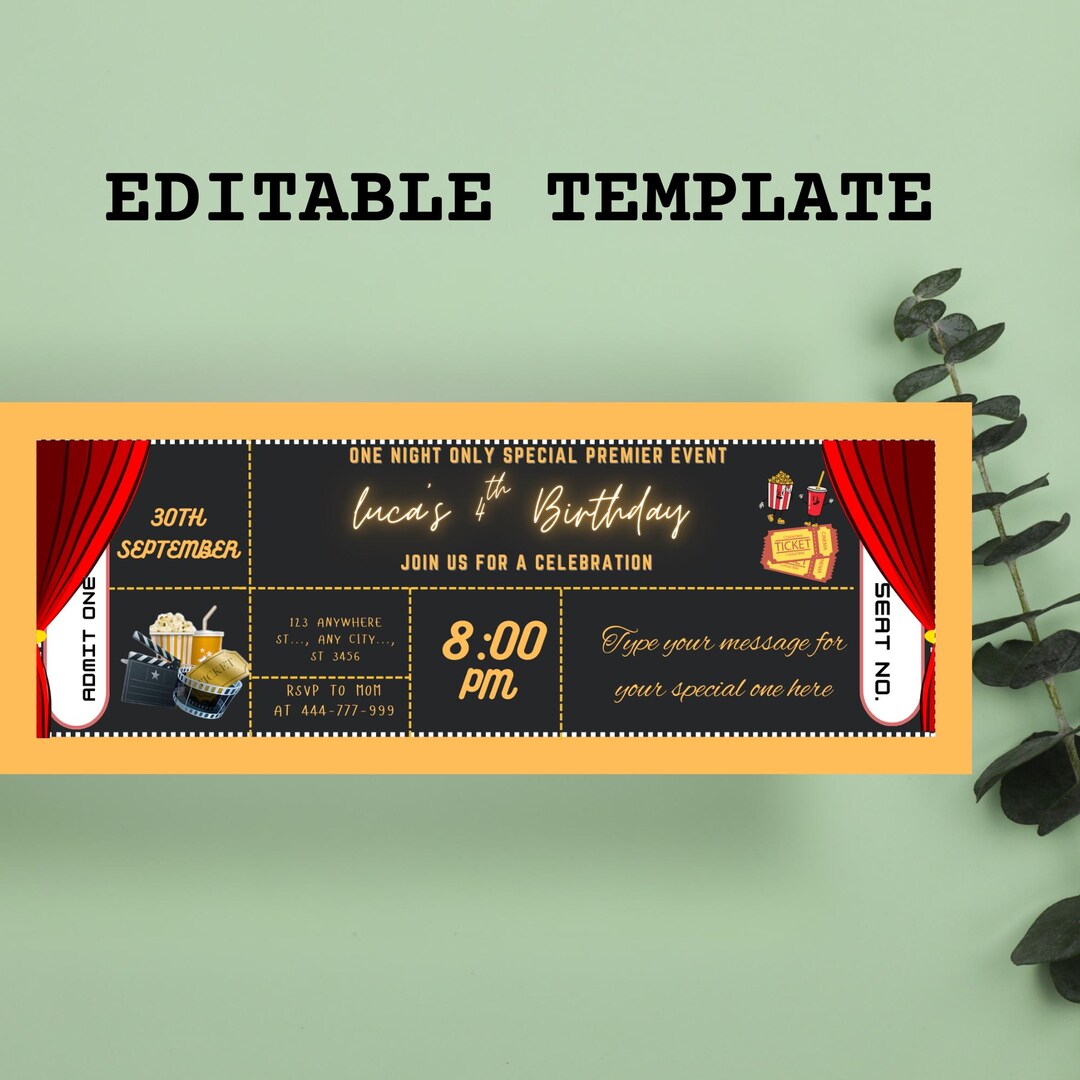 Editable Movie Ticket Birthday Invitation: Kids Party (digital Download ...