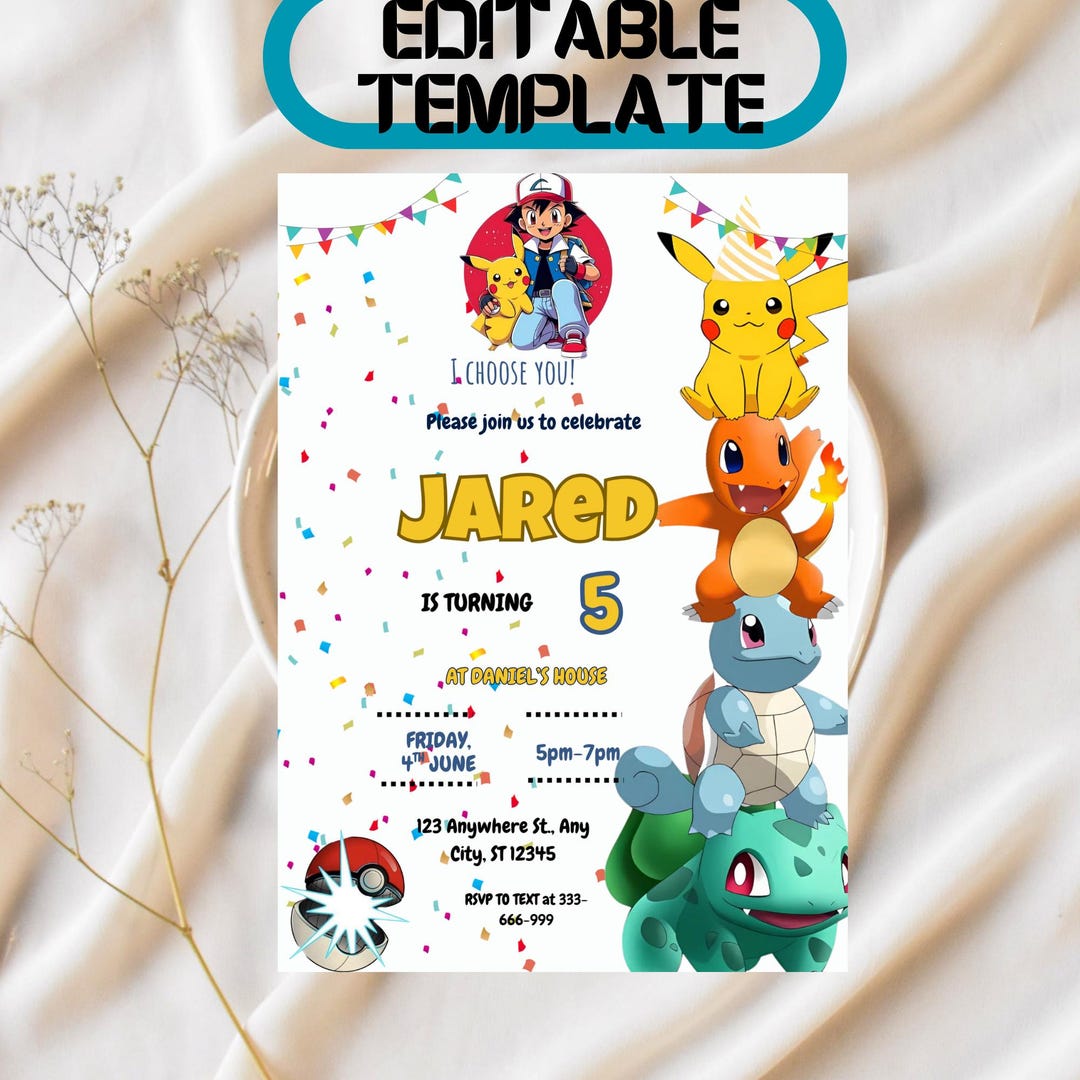 Editable Pokémon Birthday Invitation Template (canva, Instant Download ...