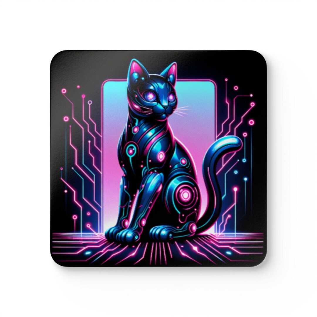 Cyberpunk Cat Coaster Set: Futuristic Home Bar Decor - Etsy