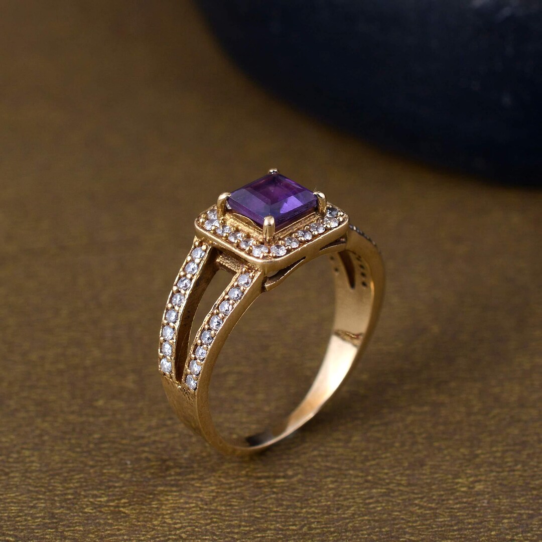 Brass Amethyst Ring – Emerald Cut Purple Gemstone With CZ Halo, Split ...