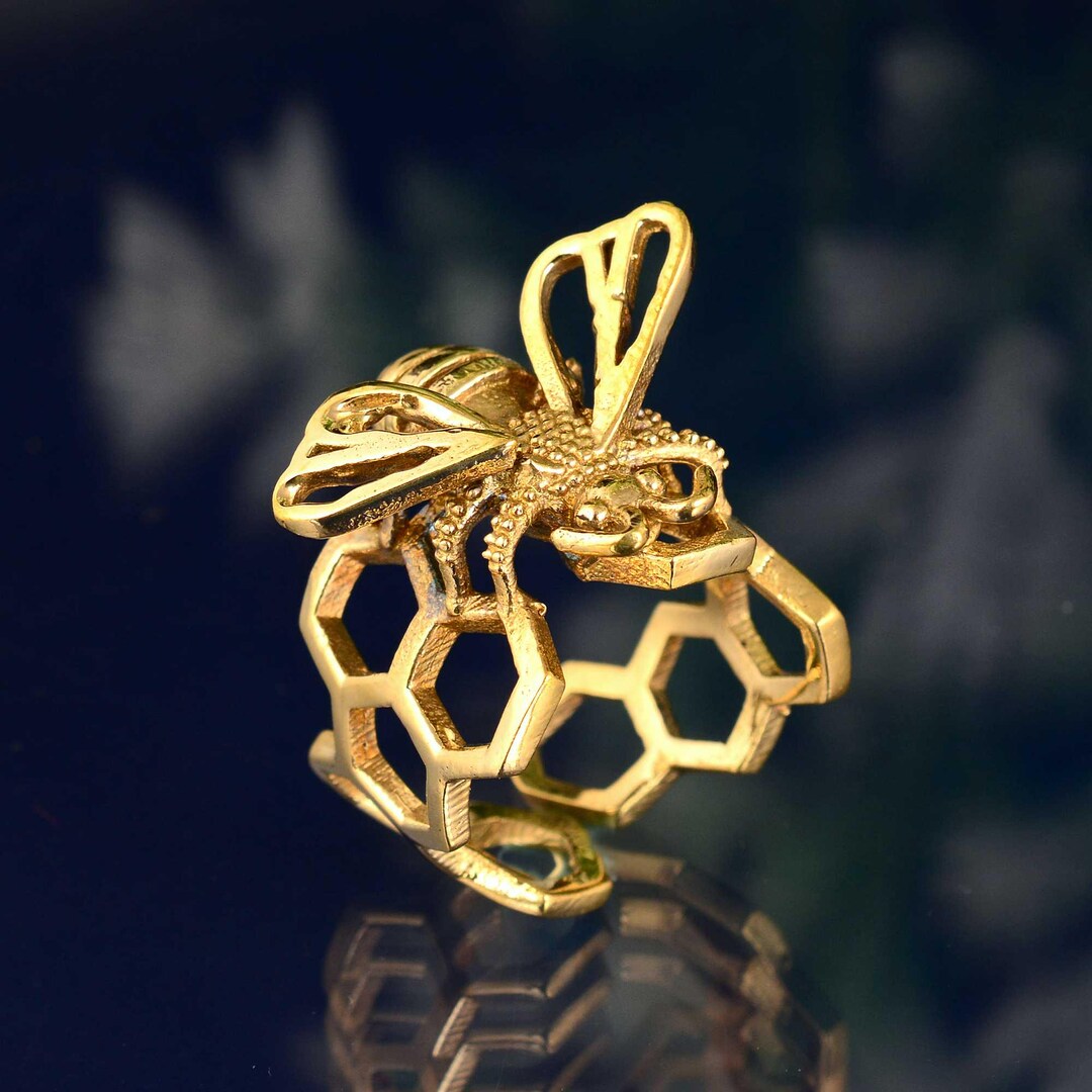Bee Honeycomb Ring, Nature Inspired Silver Jewelry, Boho Adjustable ...