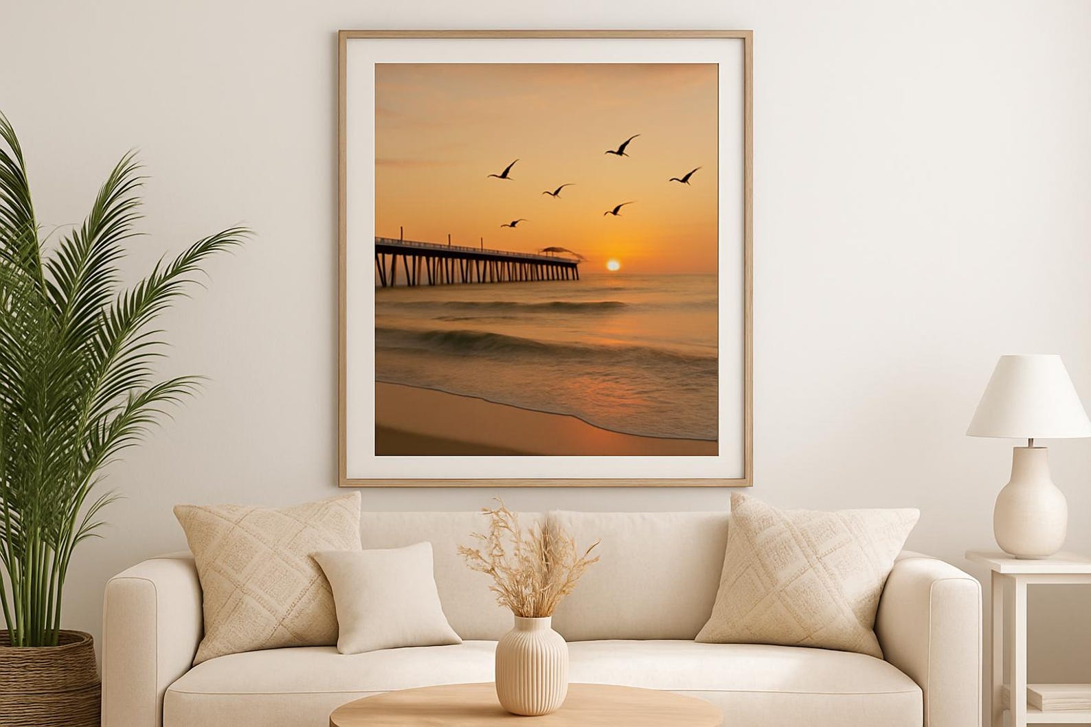 Printable Beach Pier Sunset Wall Art Seagulls and Ocean Photography ...