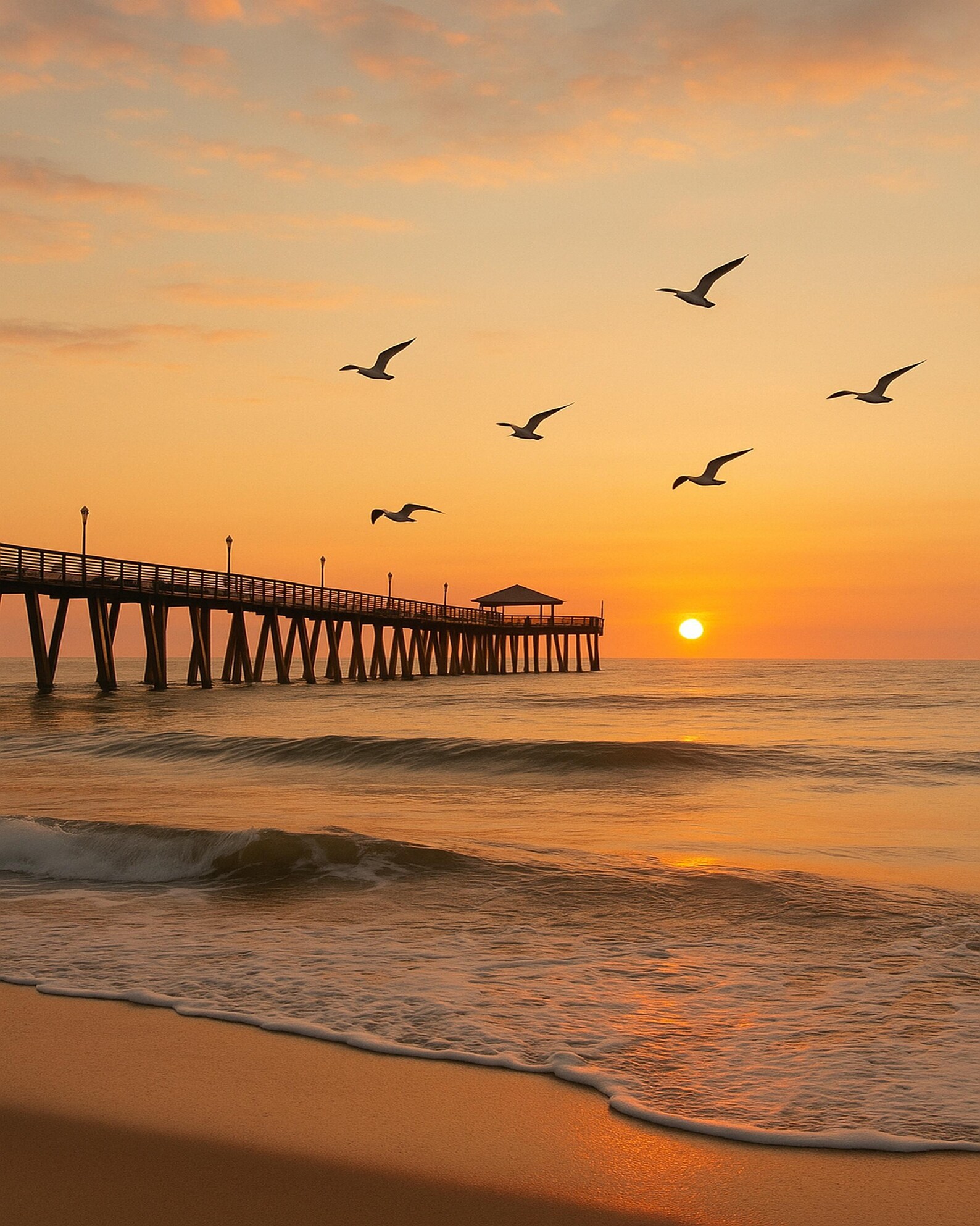 Printable Beach Pier Sunset Wall Art Seagulls and Ocean Photography ...