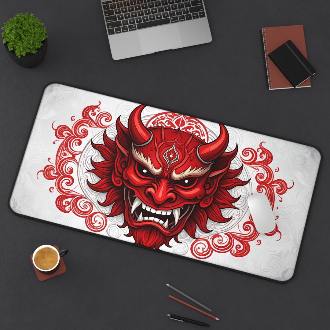 Oni Mask Desk Mat, Office Decor, Gaming Setup, Unique Gift, Red Art ...