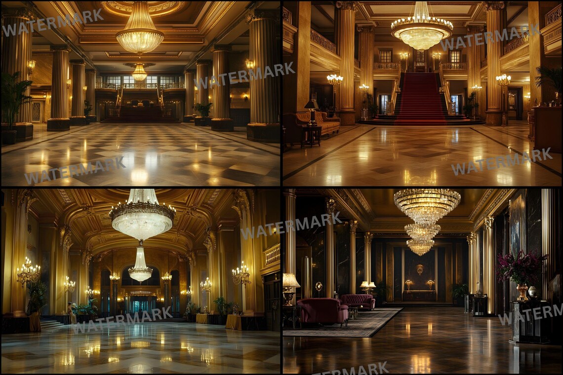Art Deco Hotel Lobby Digital Backdrop, Elegant Photography Background ...