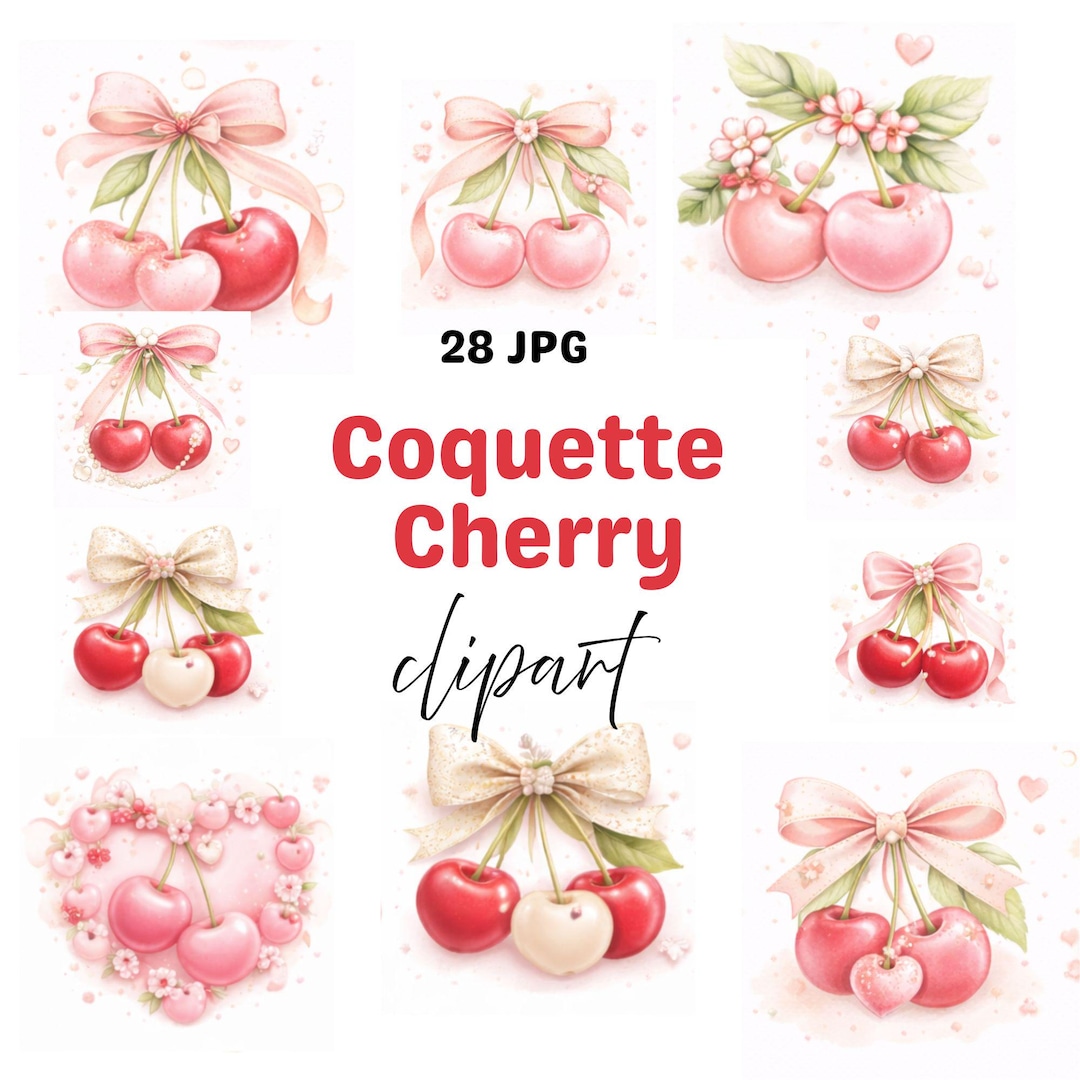 Coquette Cherry Clipart, Cute Bow Cherry Set, Pink Aesthetic Clipart ...