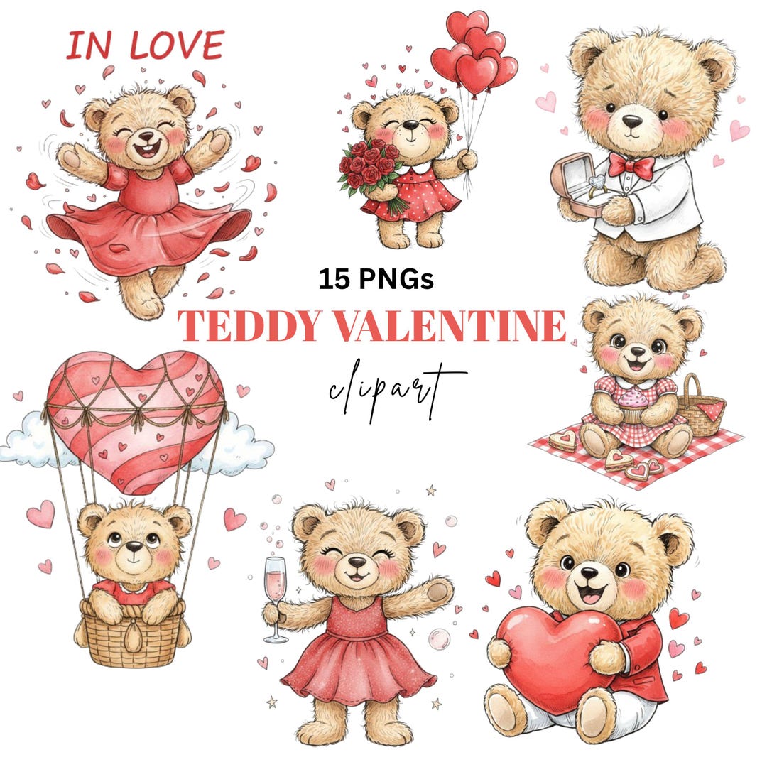 Valentine Teddy Bear Clipart, Watercolor Graphics (digital Download) - Etsy