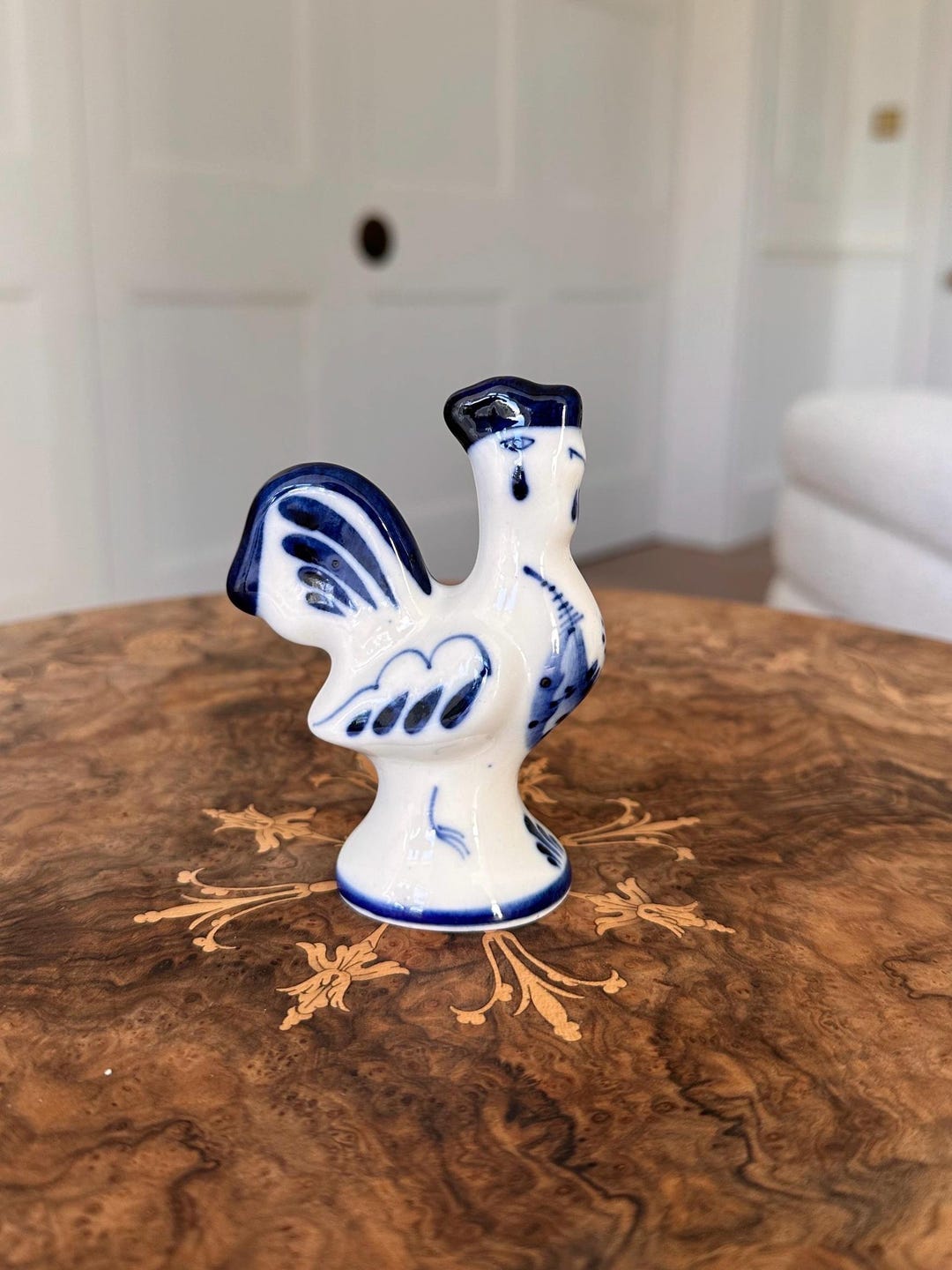 Vintage Blue & White Porcelain Rooster Bird Figurine – Hand Painted ...