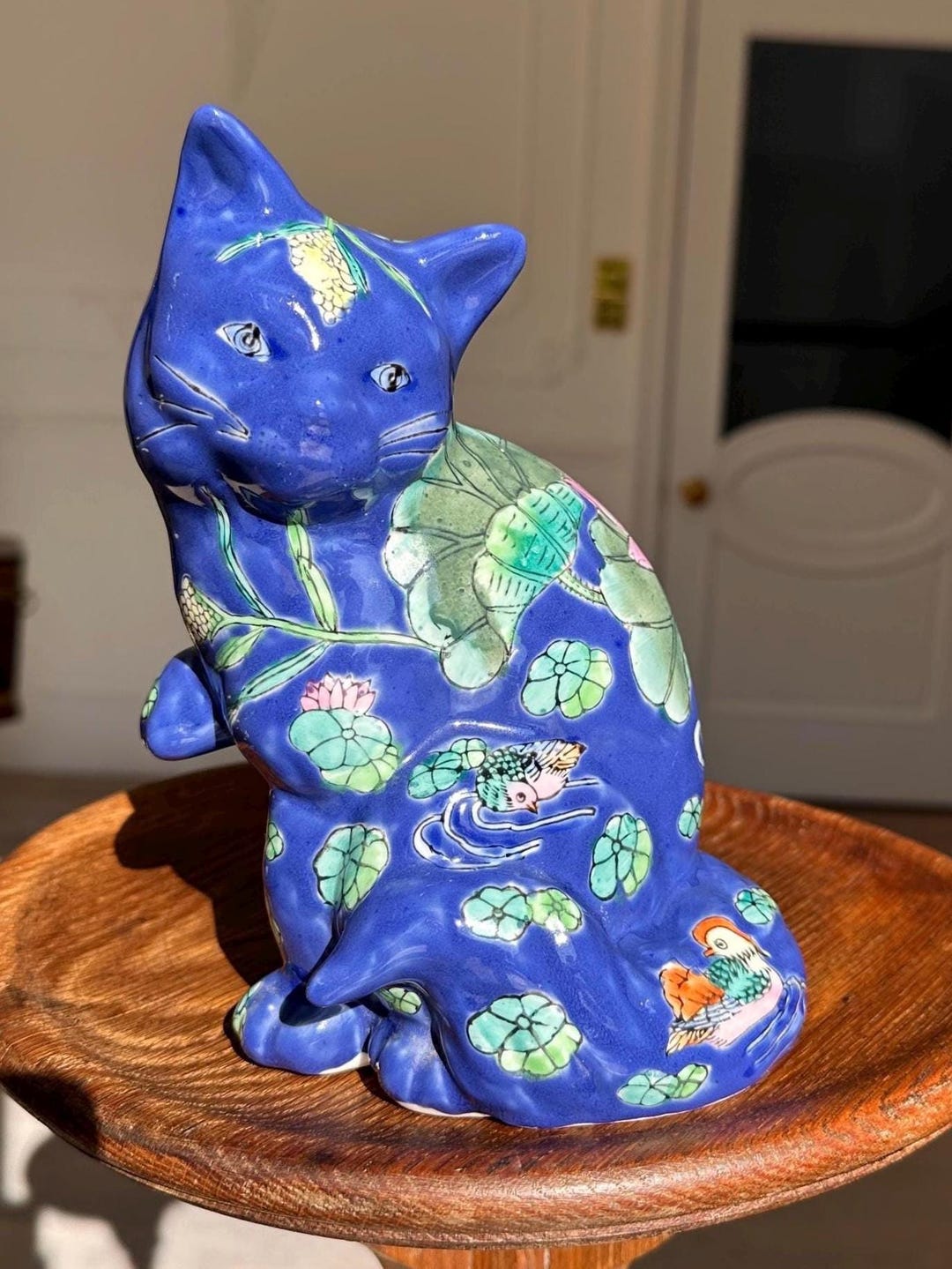 Vintage Chinese Ceramic Cat Figurine – Cobalt Blue Lotus & Bird Design ...