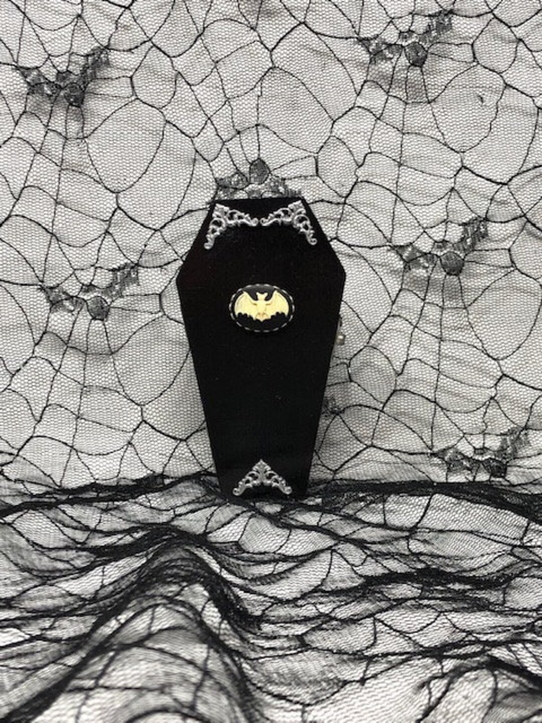 Black Bat Cameo Gothic Wood Coffin Box, Decorative Goth Jewelry Trinket ...