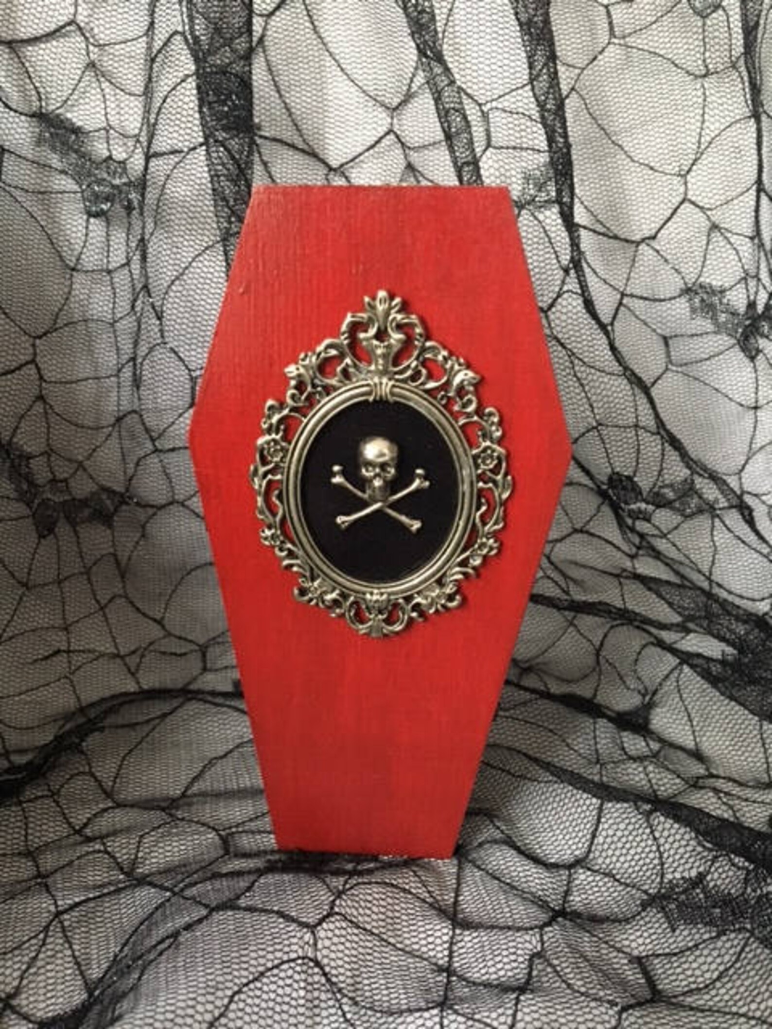 Red Skull Jolly Roger Cameo Wood Coffin Box - Skull and Crossbones ...