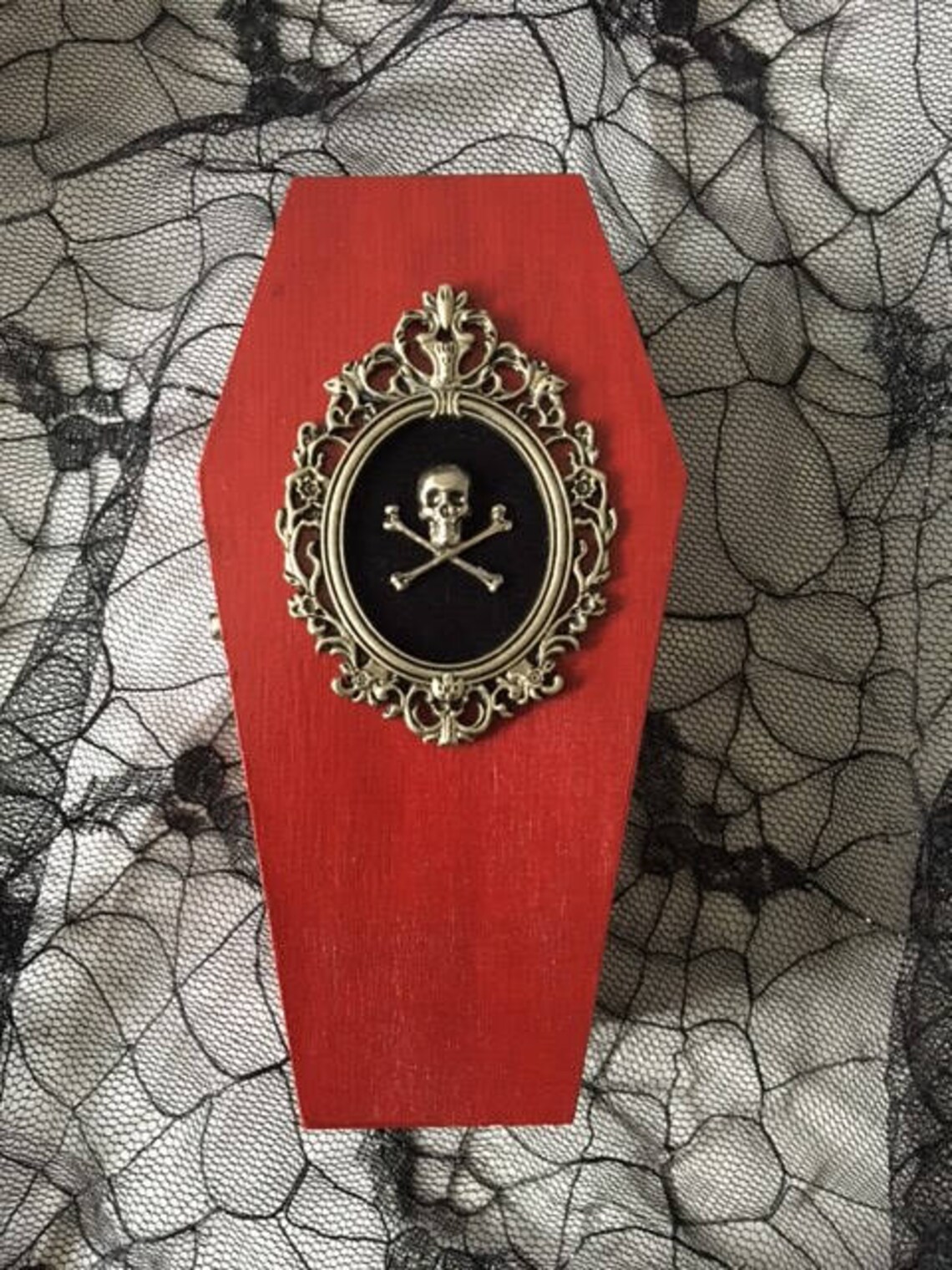 Red Skull Jolly Roger Cameo Wood Coffin Box Skull and Crossbones Gothic ...