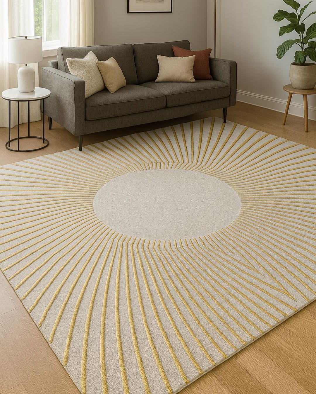 Hand-tufted Wool Rug: Beige & Mustard Yellow Sunburst Design for Living ...