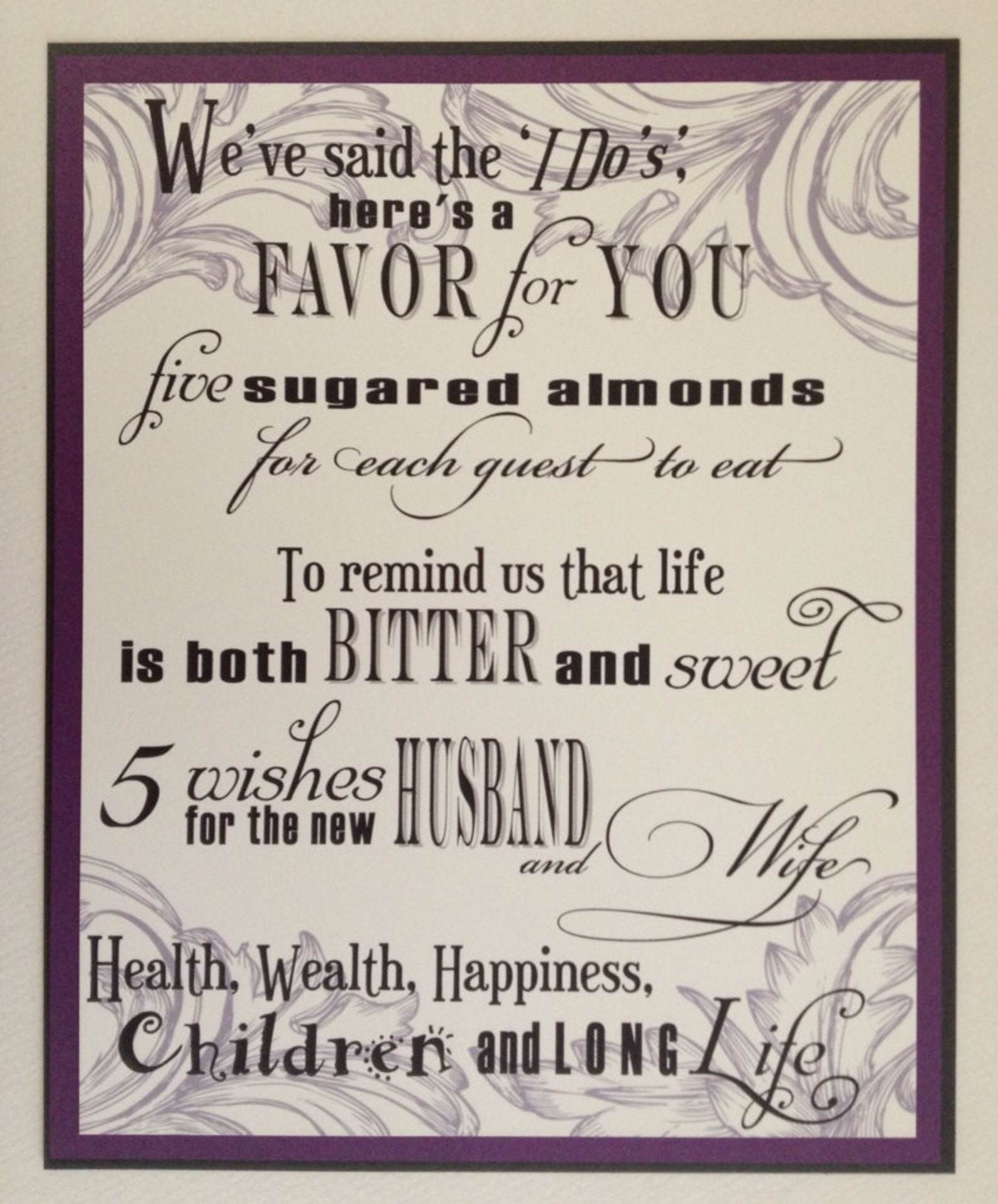 Wedding Sign Five Sugared Almonds Jordan Almond Favor Sign in Purple ...