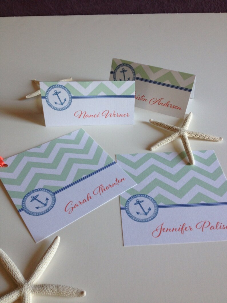 Nautical Chevron Place or Escort Cards With Anchor Wedding - Etsy