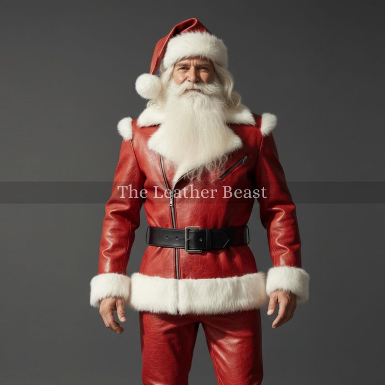 Handmade Red Leather Santa Costume, Faux Fur Trim, Jacket, Pant & Cap ...