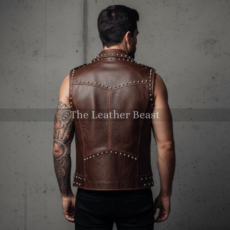 Handmade Studded Leather Vest: Punk Rock Vest - Brown Biker Jacket - Etsy