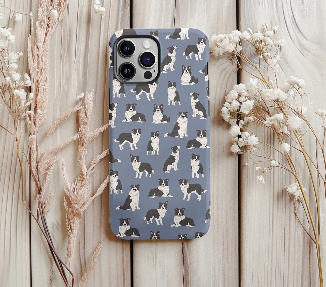 Black & White Border Collie in Denim Blue Pattern on Classic Check ...